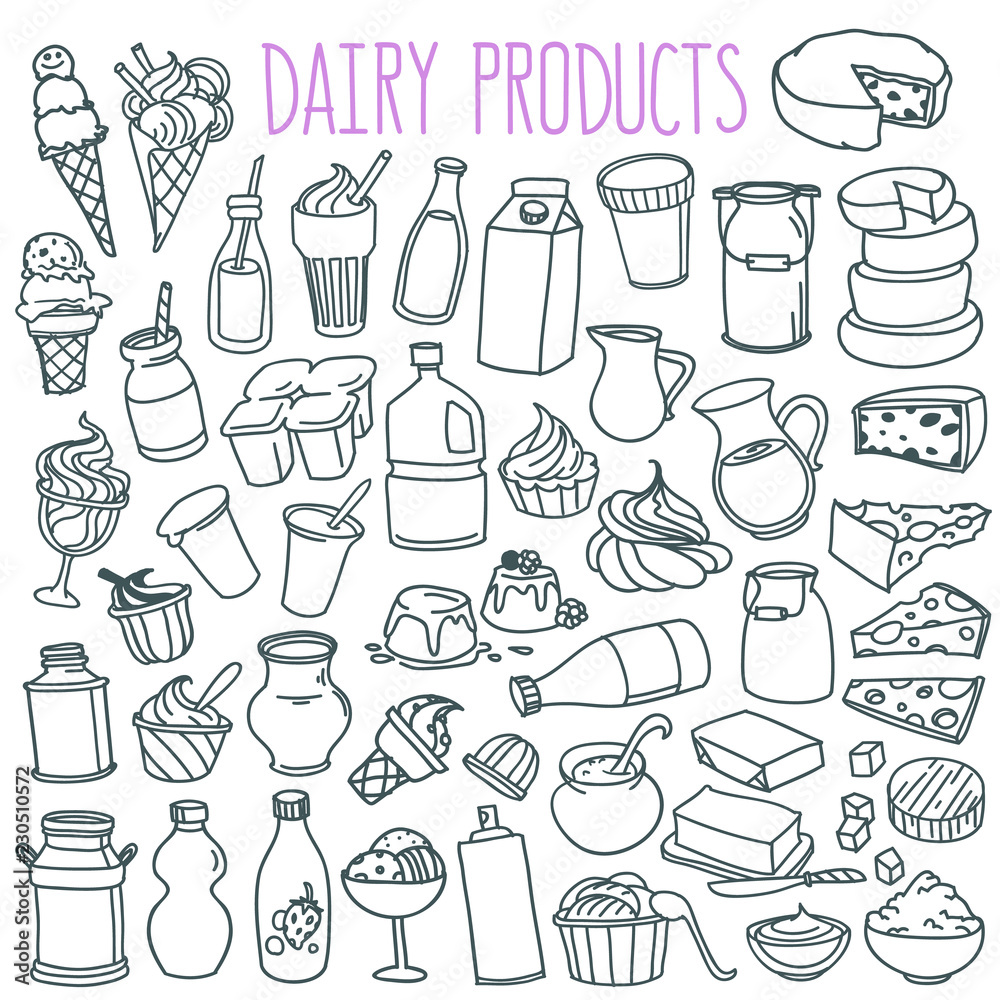 Milk and dairy products doodles set. Hand drawn vector illustration ...