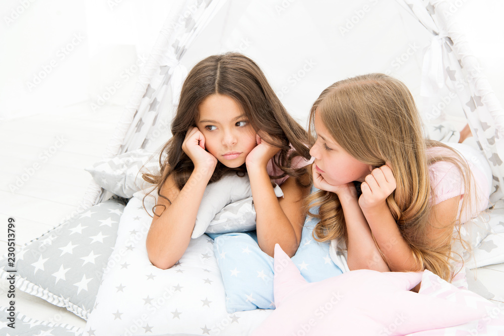 Pajamas party for kids. Cozy place tipi house. Sisters or best friends ...