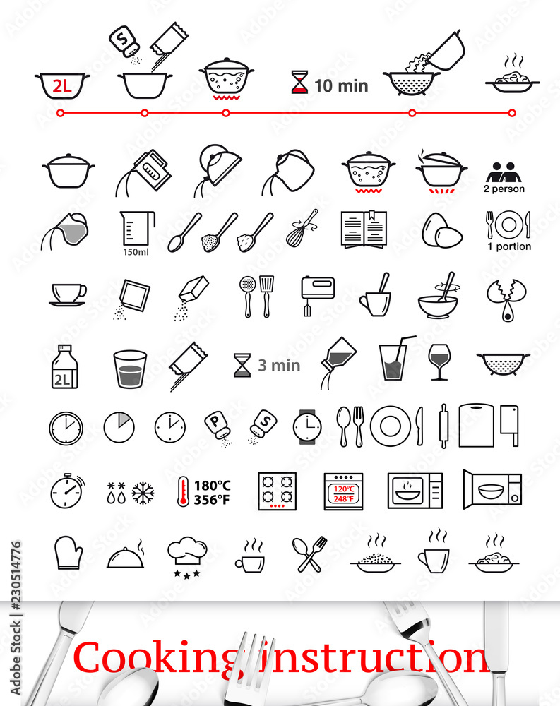 Cooking and preparation instructions. Set of sign for detailed ...