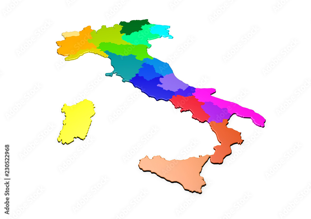 Mappa 3D dell’Italia con le sue regioni colorate, 3D rendering ...