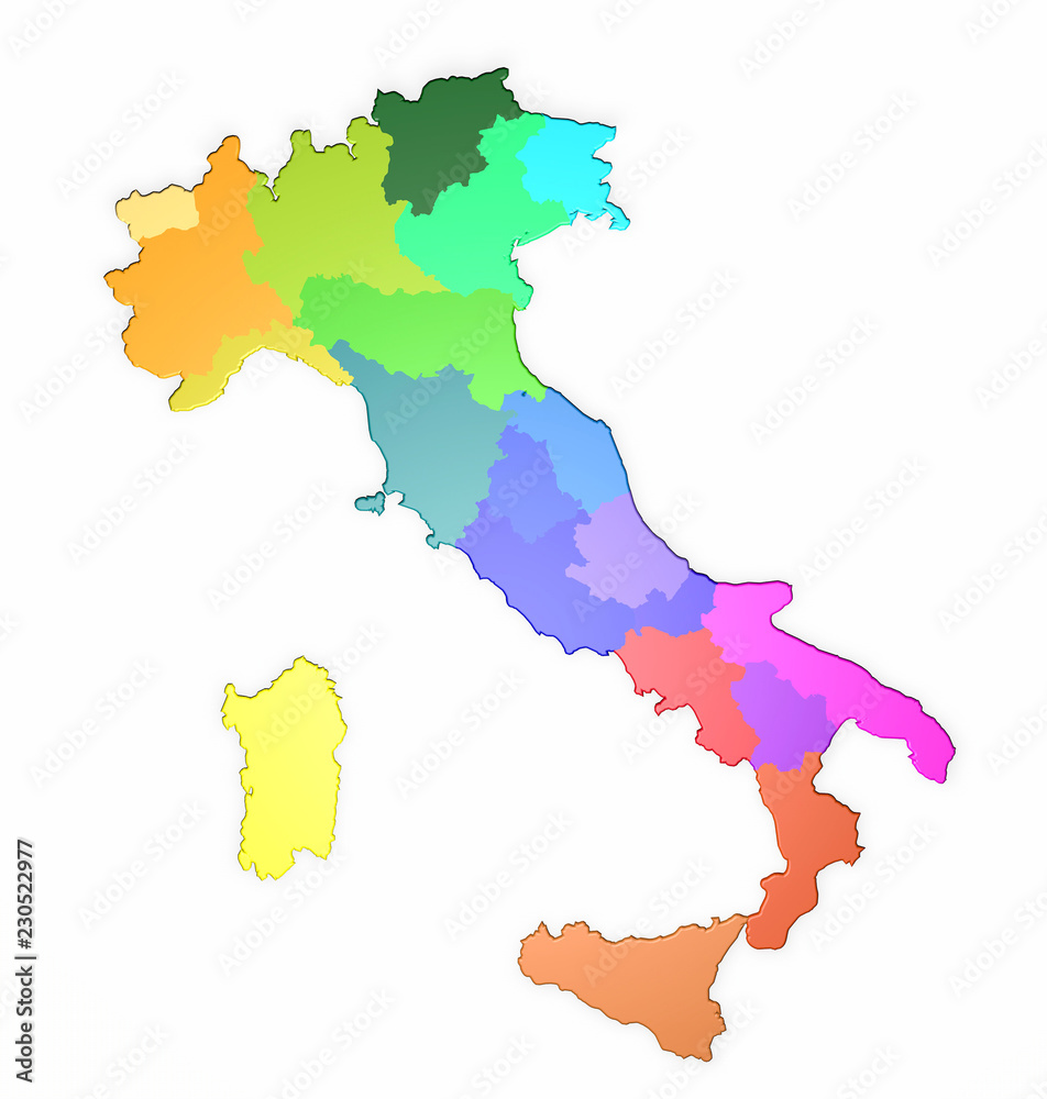 Mappa 3D dell’Italia con le sue regioni colorate, 3D rendering ...