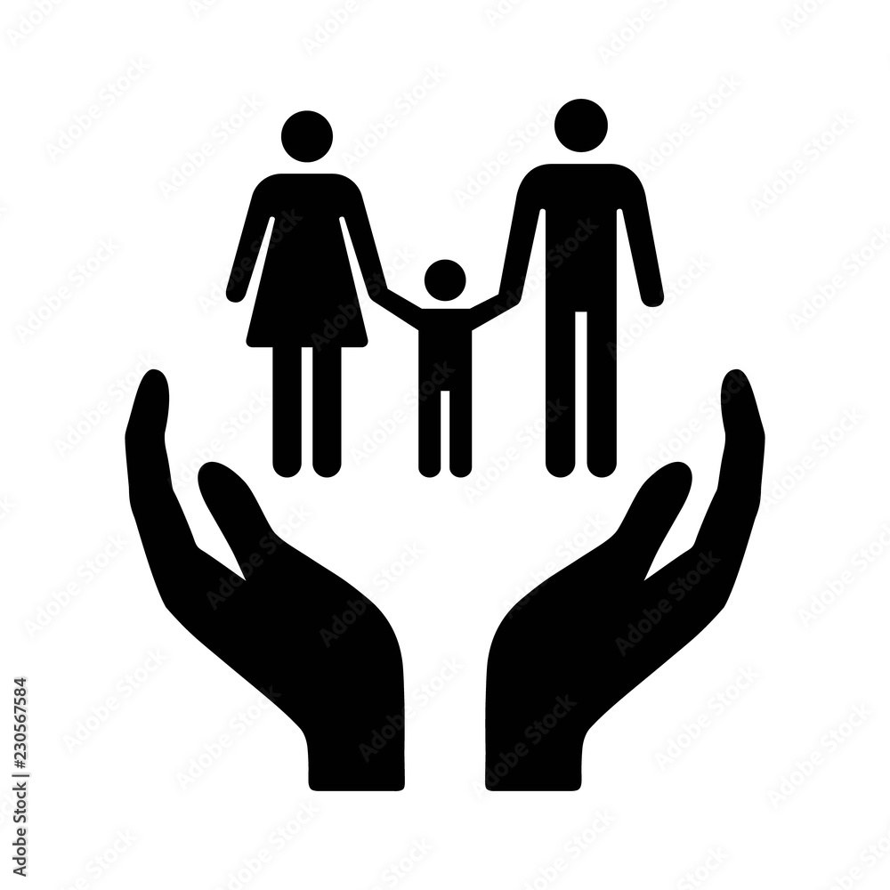 Hand holding family with one child or life insurance for family flat ...