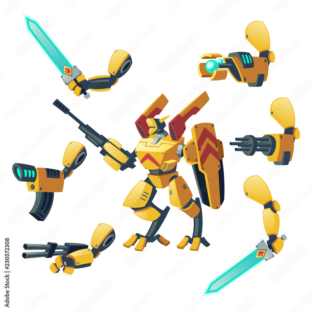 Vector cartoon android, human soldier in robotic combat exoskeletons ...