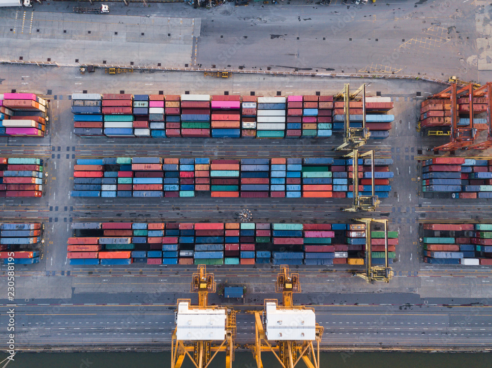 Aerial top view of container cargo ship in the export and import ...
