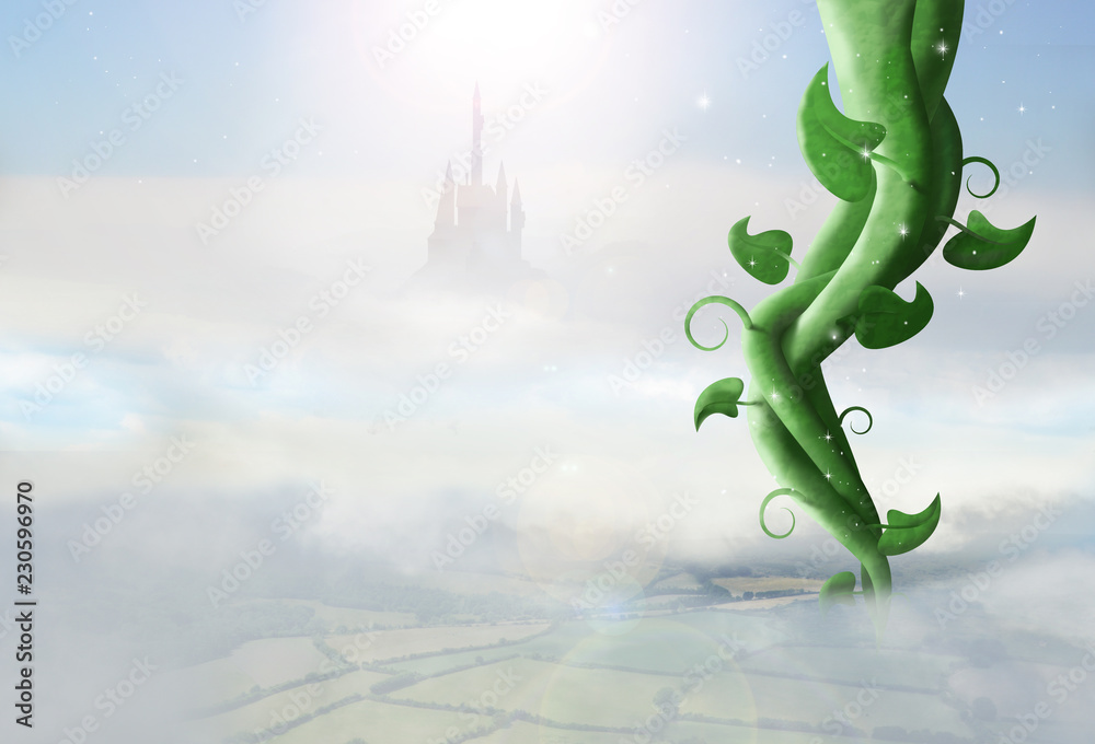 giant magic beanstalk rising through clouds with castle in background ...