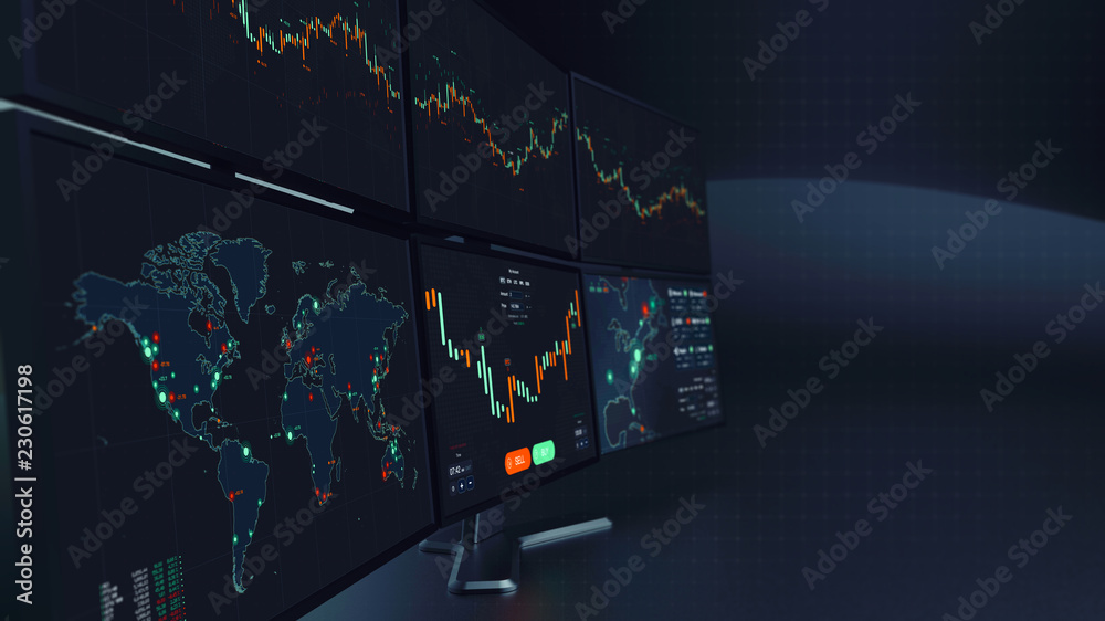 Futuristic stock exchange scene with charts, numbers and world trading ...