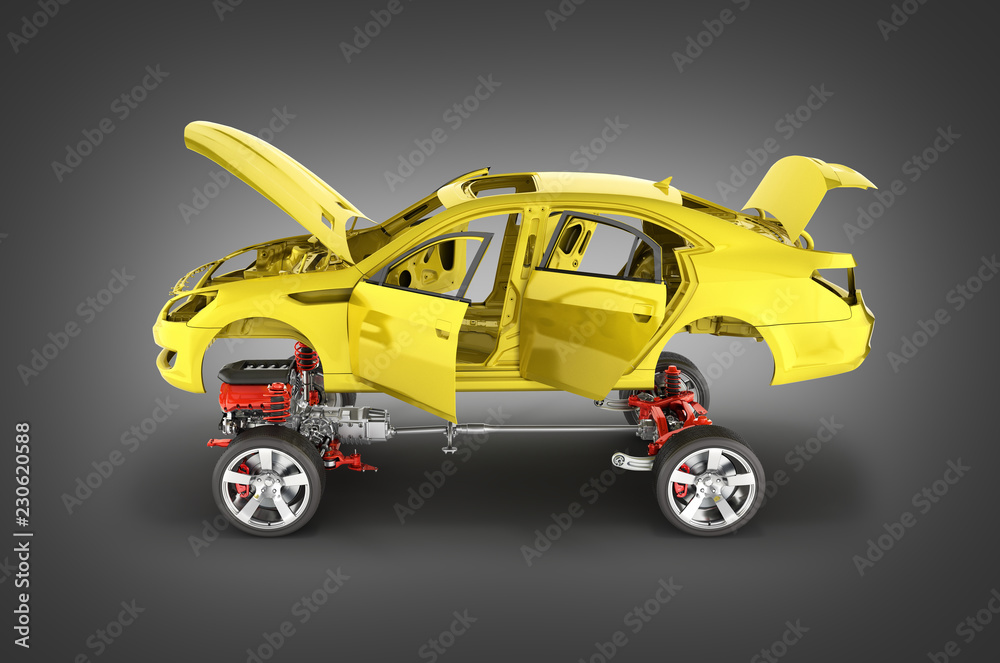 Body and suspension of the car with wheel and engine Undercarriage with ...