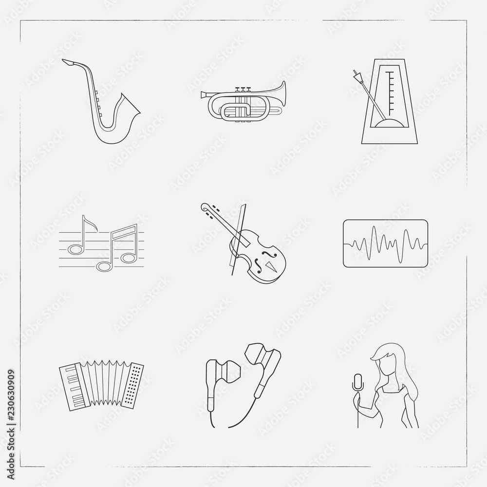 Set of audio icons line style symbols with sound wave, singer woman ...