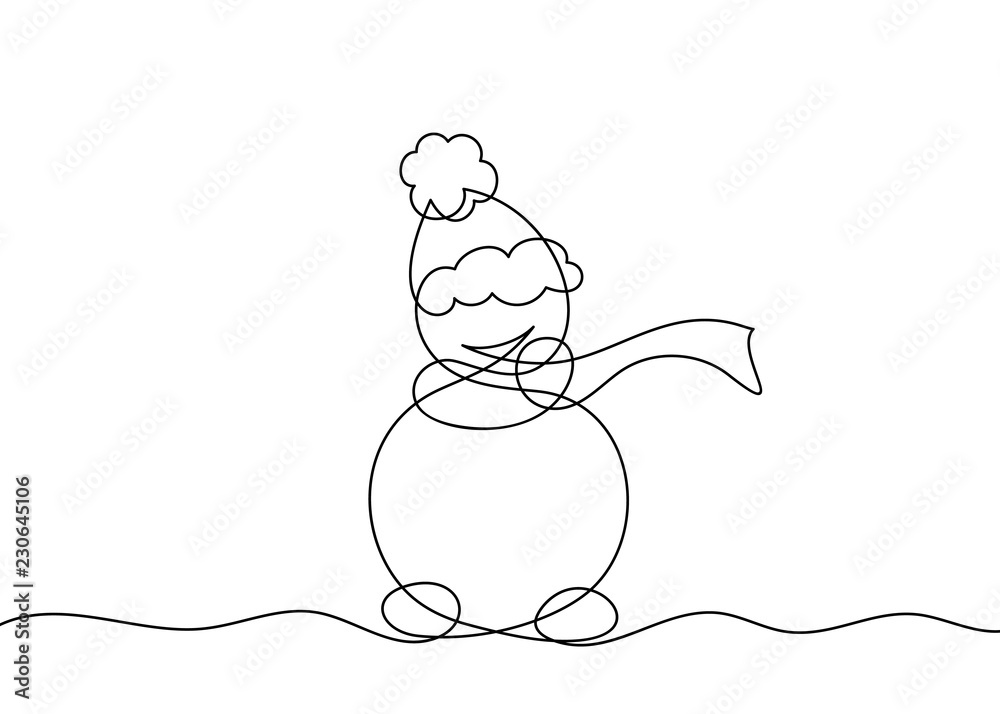 One line drawing of snowman, Black and white vector minimalistic linear ...