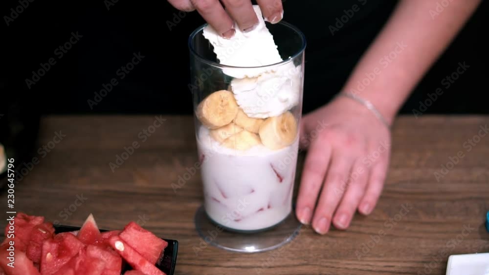 Put some ice cream in a ready mix of milk, banana and watermelon. All ...