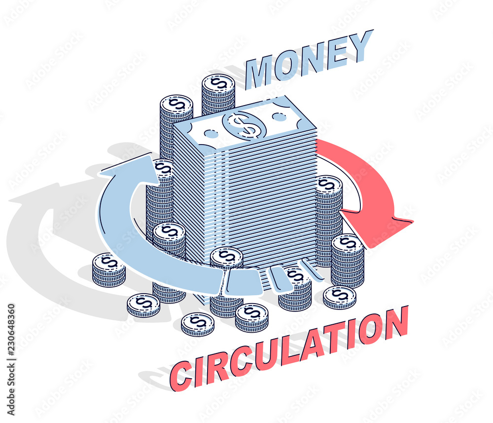 Money Circulation concept, cash money stack with radial loop arrows ...
