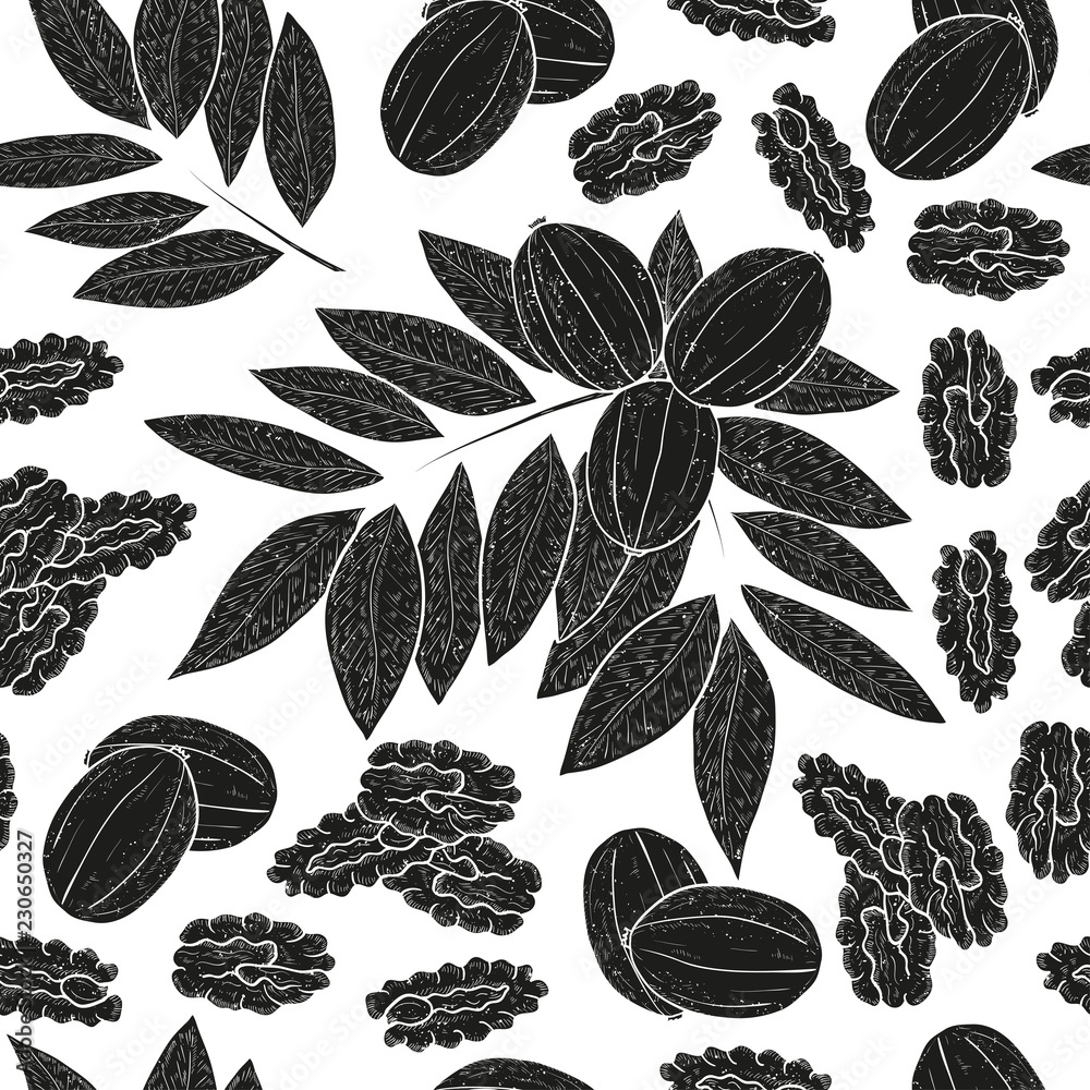 Pecan. Plant. Leaves. fruit branch Texture, seamless. wallpaper. Black ...