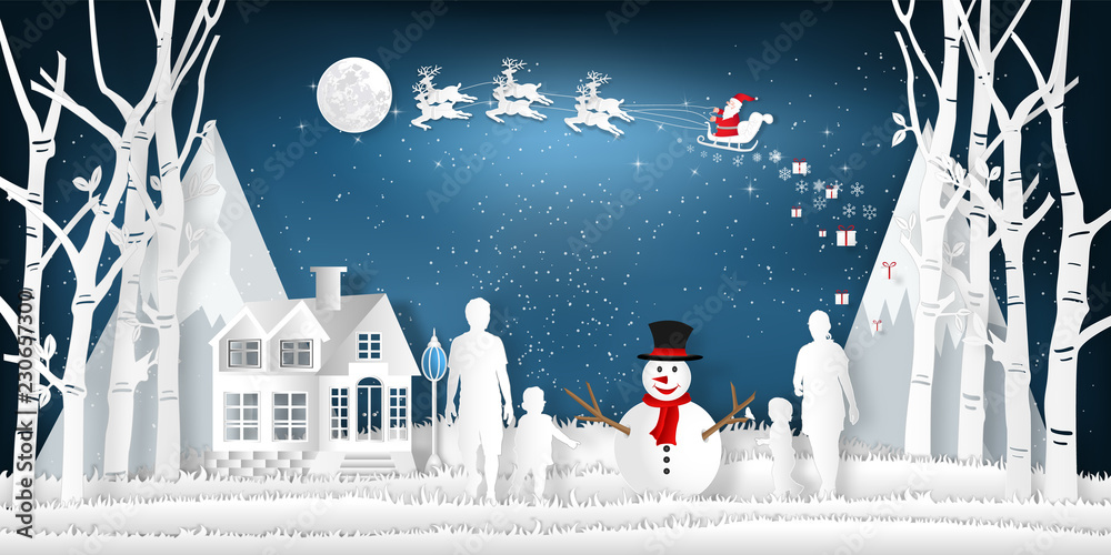 Vetor de Paper art, cut and digital craft style of anta Claus on Sleigh ...