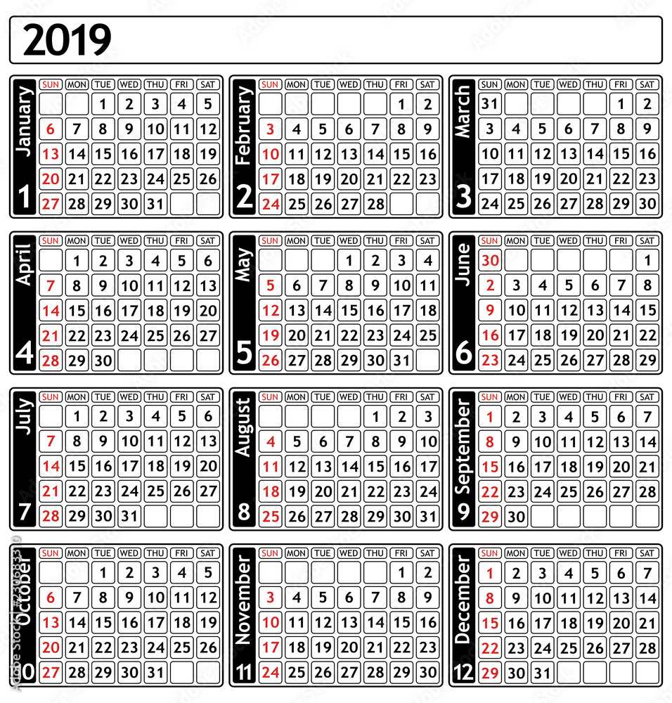2019 year printable calendar in almost square format Black and white ...