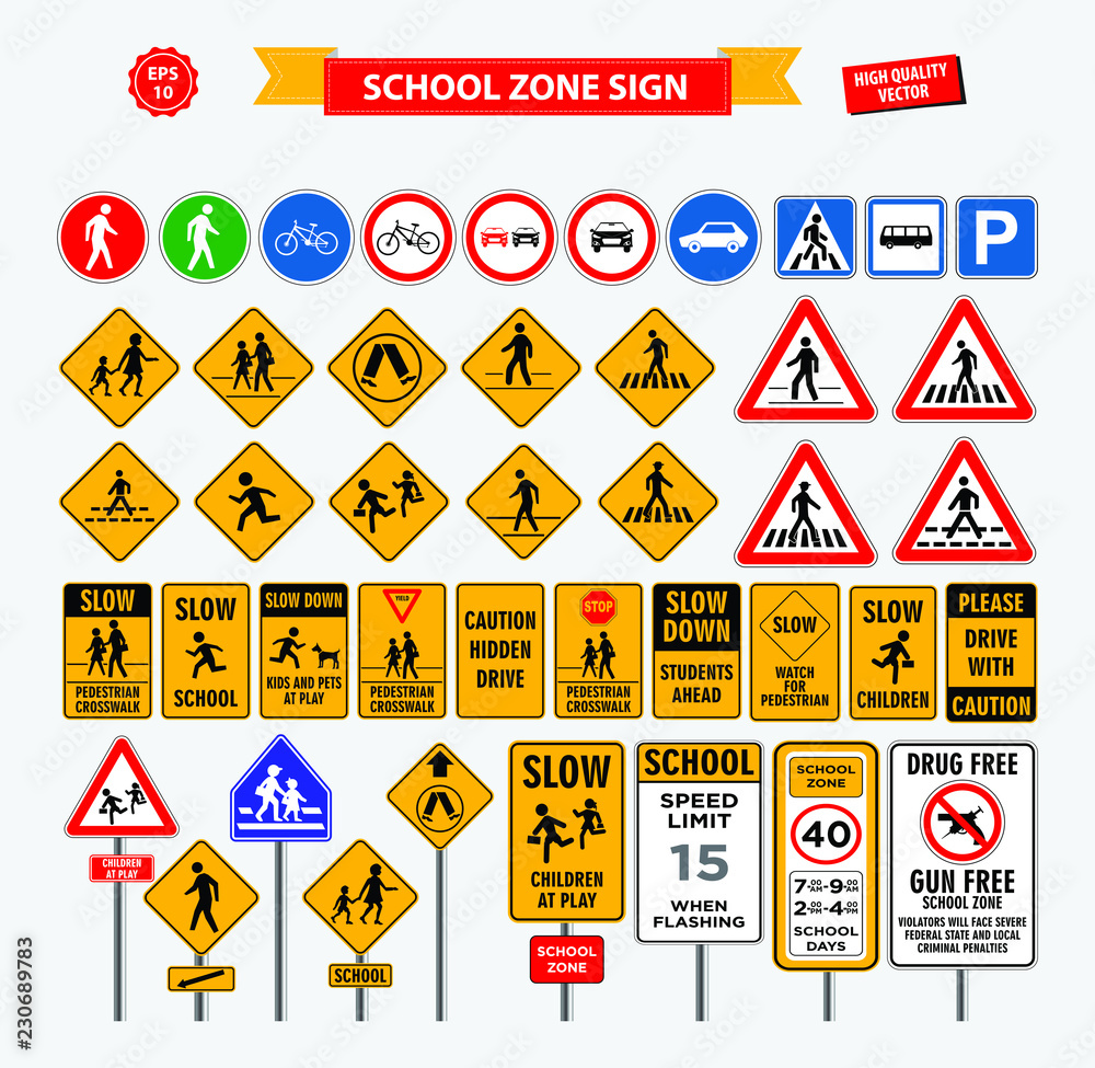 set of road signs or Set of school sign zone, pedestrian, and other ...