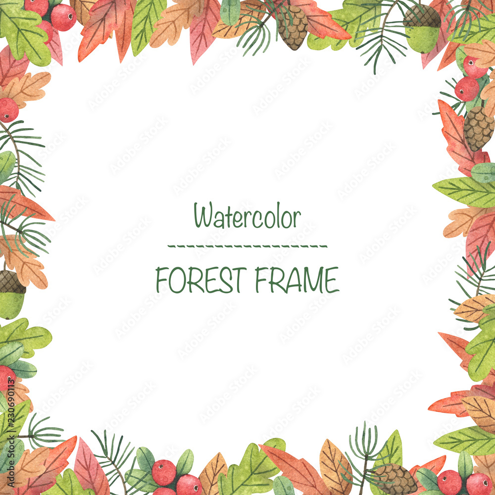 Funny watercolor forest frame. Hand painted forest elements ideal for ...