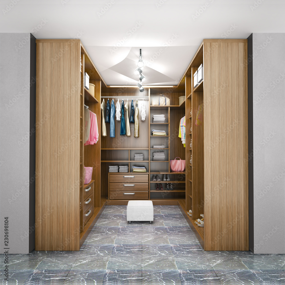 Modern luxury dressing room, wardrobe, 3d visualization Stock ...