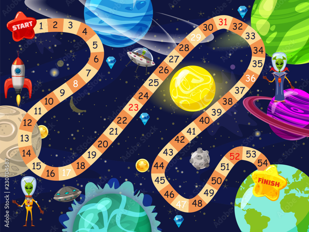 Space board game vector illustration. Rockets UFO and Aliens in space ...
