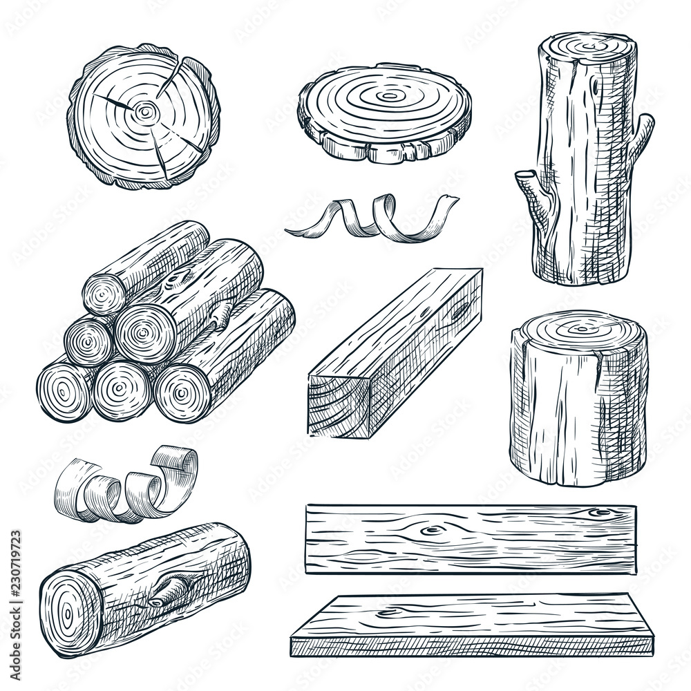 Wood logs, trunk and planks, vector sketch illustration. Hand drawn ...