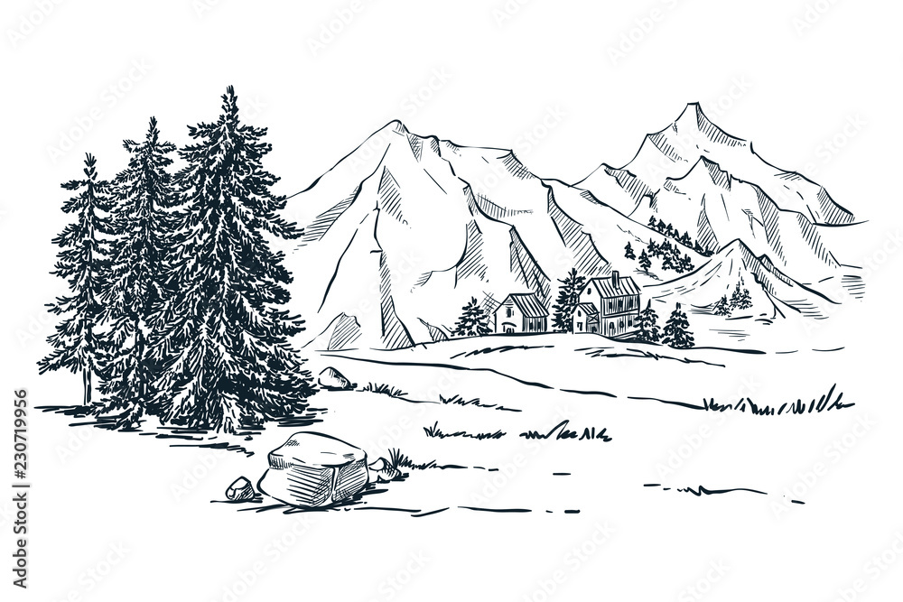 Mountains, spruce and pine trees landscape, vector sketch illustration ...