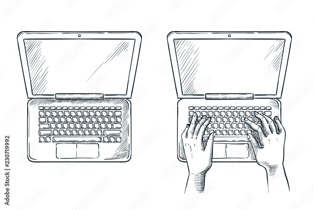 Human hands on laptop keypad, vector sketch illustration. Freelance job ...