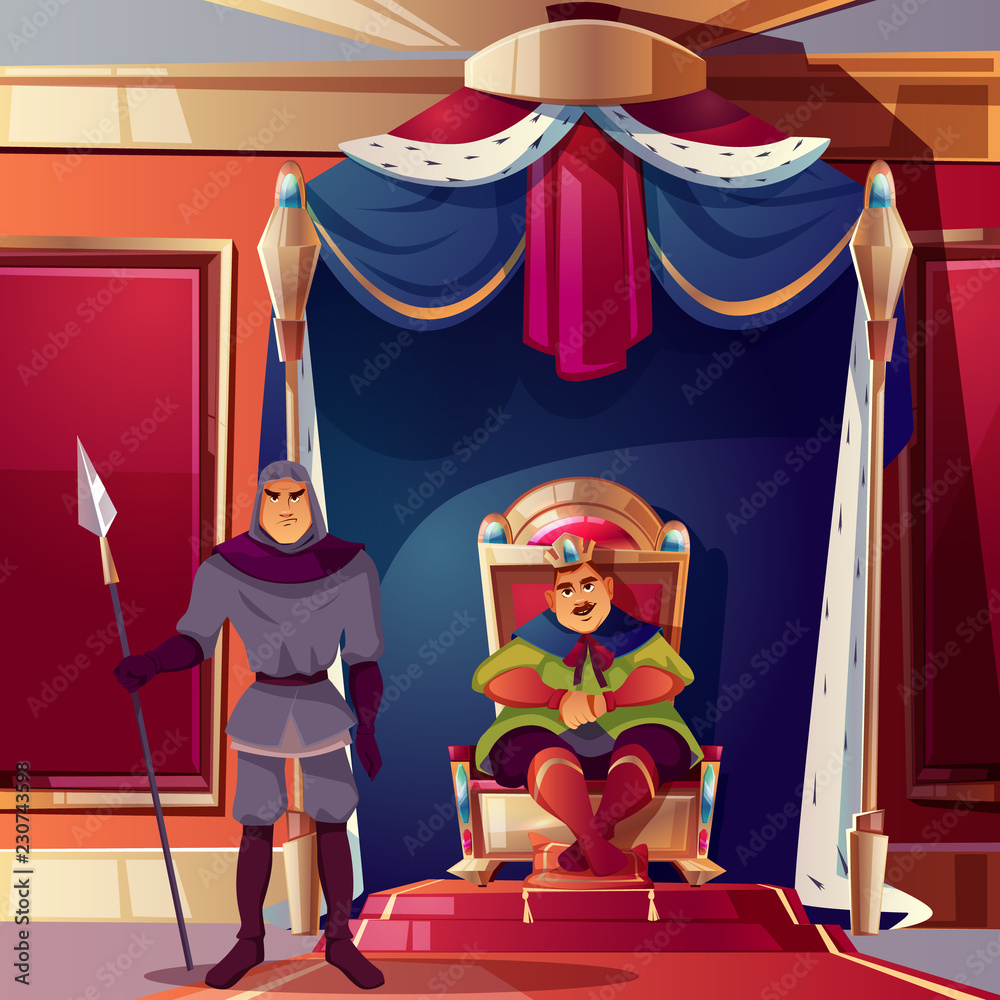 Vector throne room with king and his severe guard. Background with ...