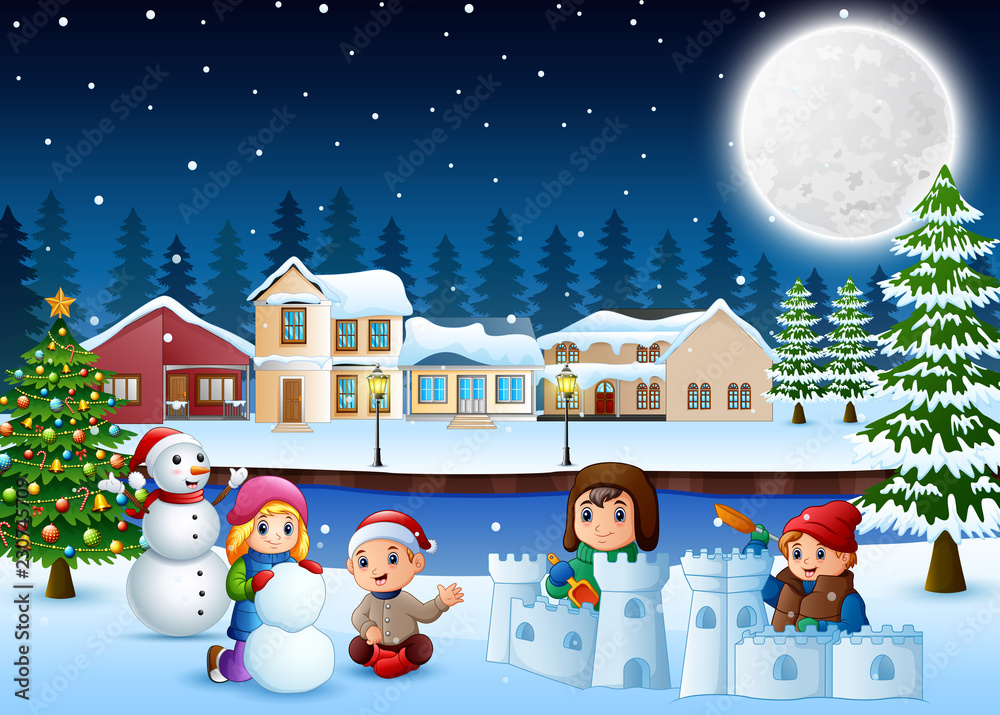 Cartoon happy kids playing and making a snow in wintertime Stock Vector ...
