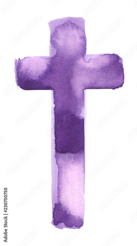 Simple Christian cross painted in purple watercolor on clean white ...