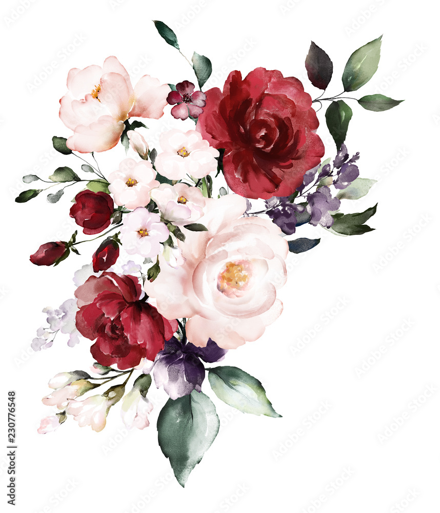 watercolor burgundy flowers. floral illustration, Leaf and buds ...