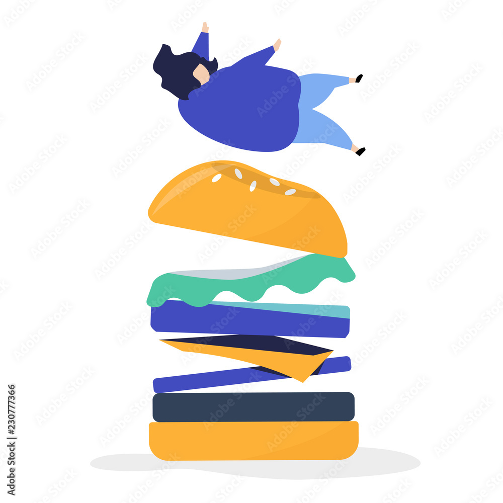Character of a person falling on a giant hamburger illustration Stock ...