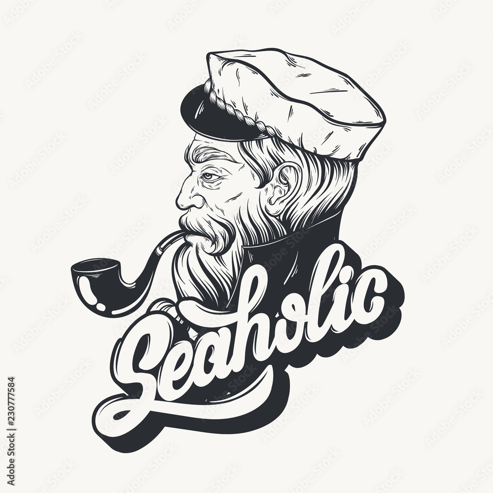 Vector hand drawn illustration of captain with pipe. Tattoo artwork in ...