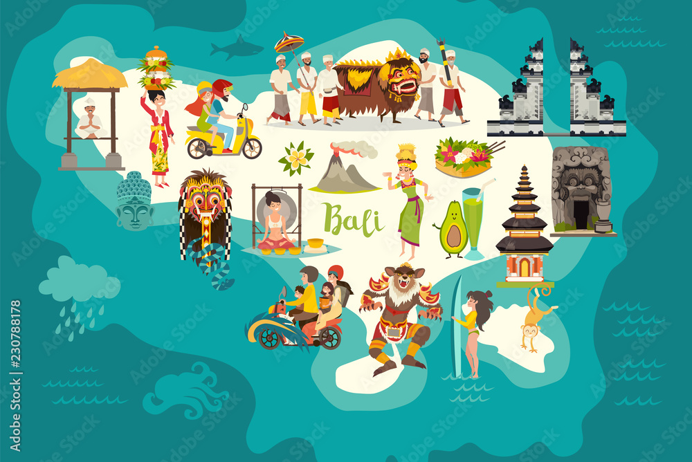Bali map vector. Illustrated map of Bali for children/kid. Cartoon ...