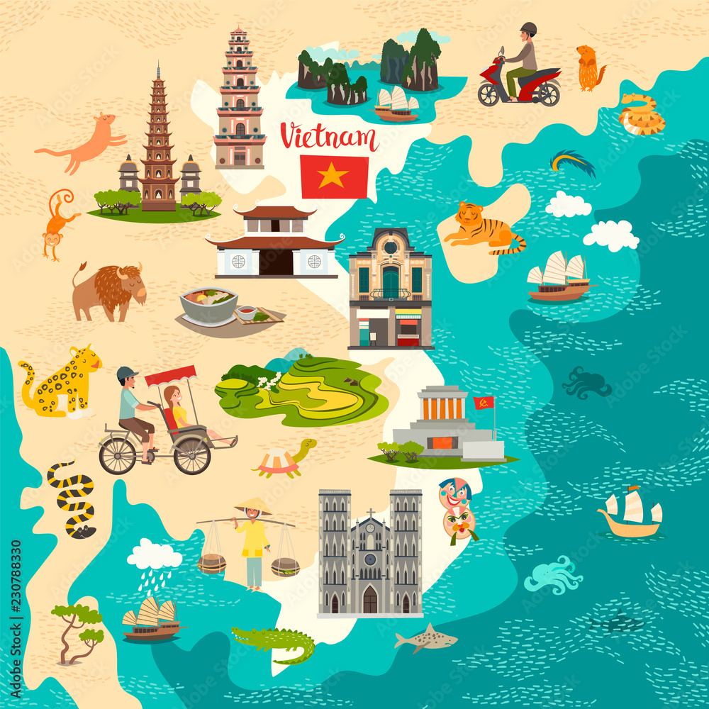 Vietnam abstract map. Colorful vector poster. Old ship and rickshaw ...