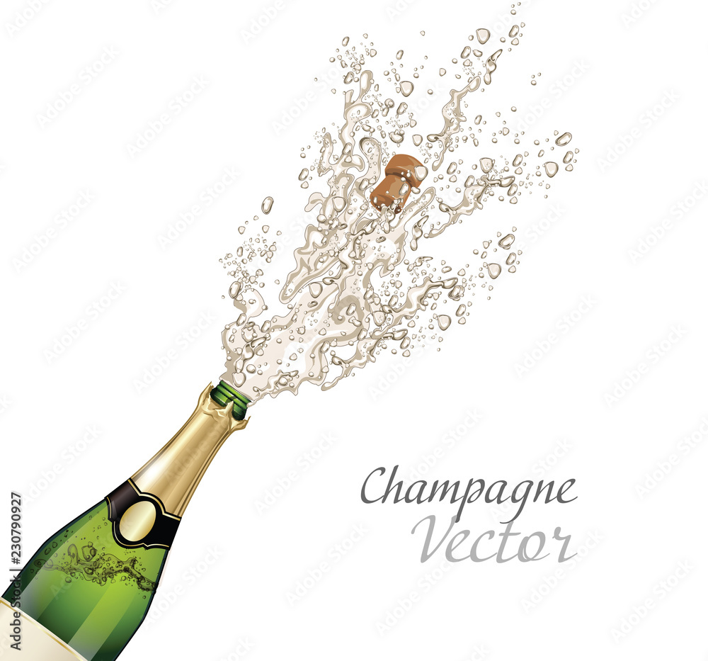 Vector bottle of classic Champagne with close-up of Champagne explosion ...