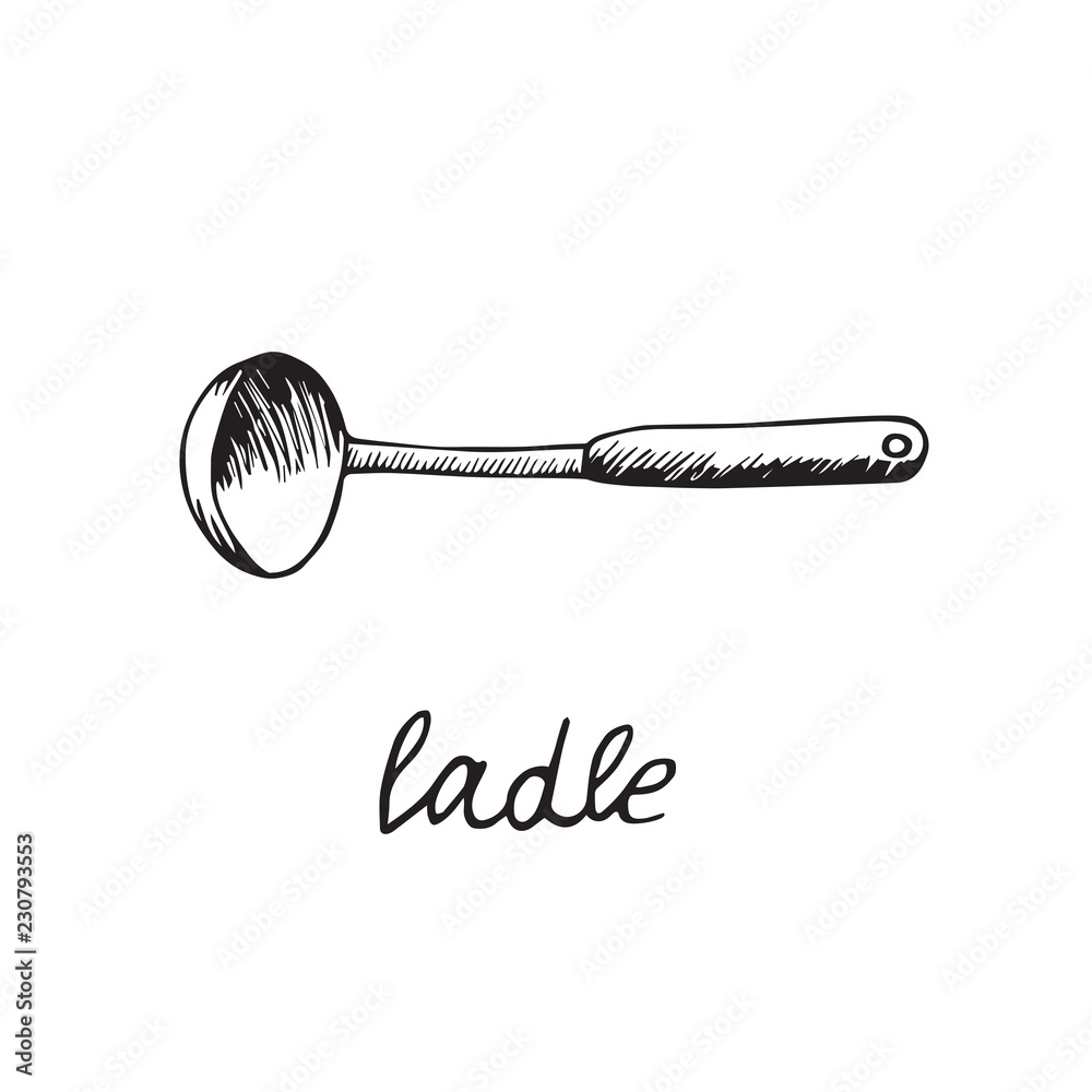 Ladle, hand drawn doodle sketch, black and white vector illustration ...
