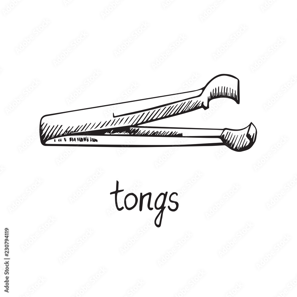 Tongs, hand drawn doodle sketch, black and white vector illustration ...