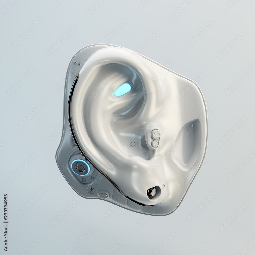 Futuristic robot hearing replacement organ 3d render / Robotic ear part ...