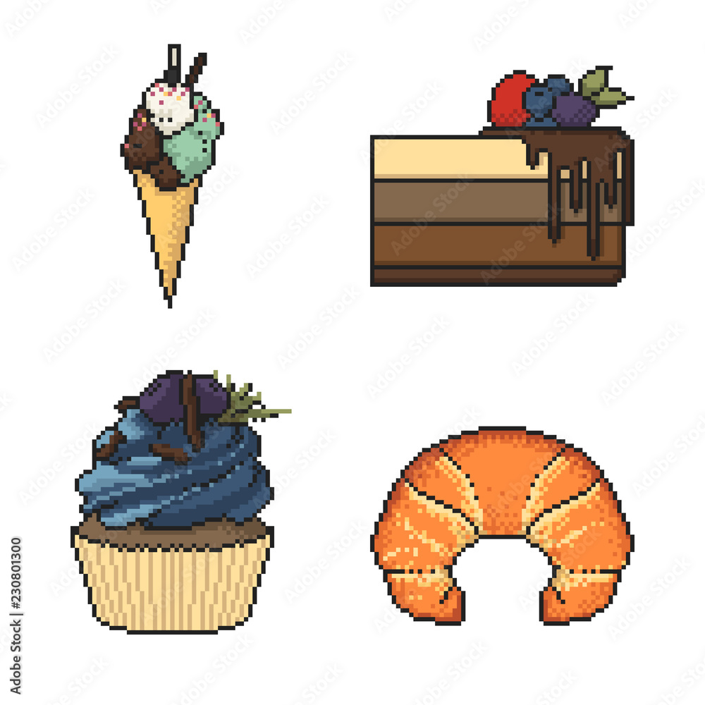 Set of sweet desserts pixel art on white background. Vector ...