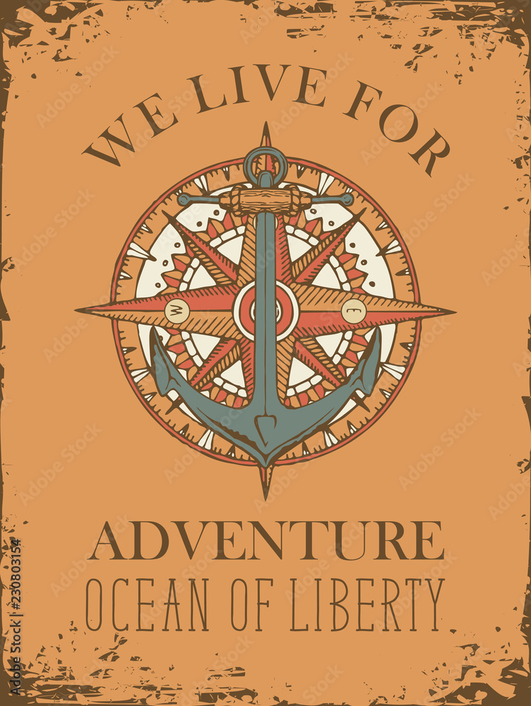 Retro banner with ship anchor, wind rose and old nautical compass with ...
