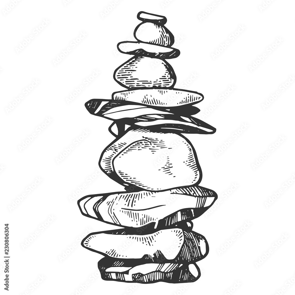 Tower of balancing stones engraving vector illustration. Scratch board ...