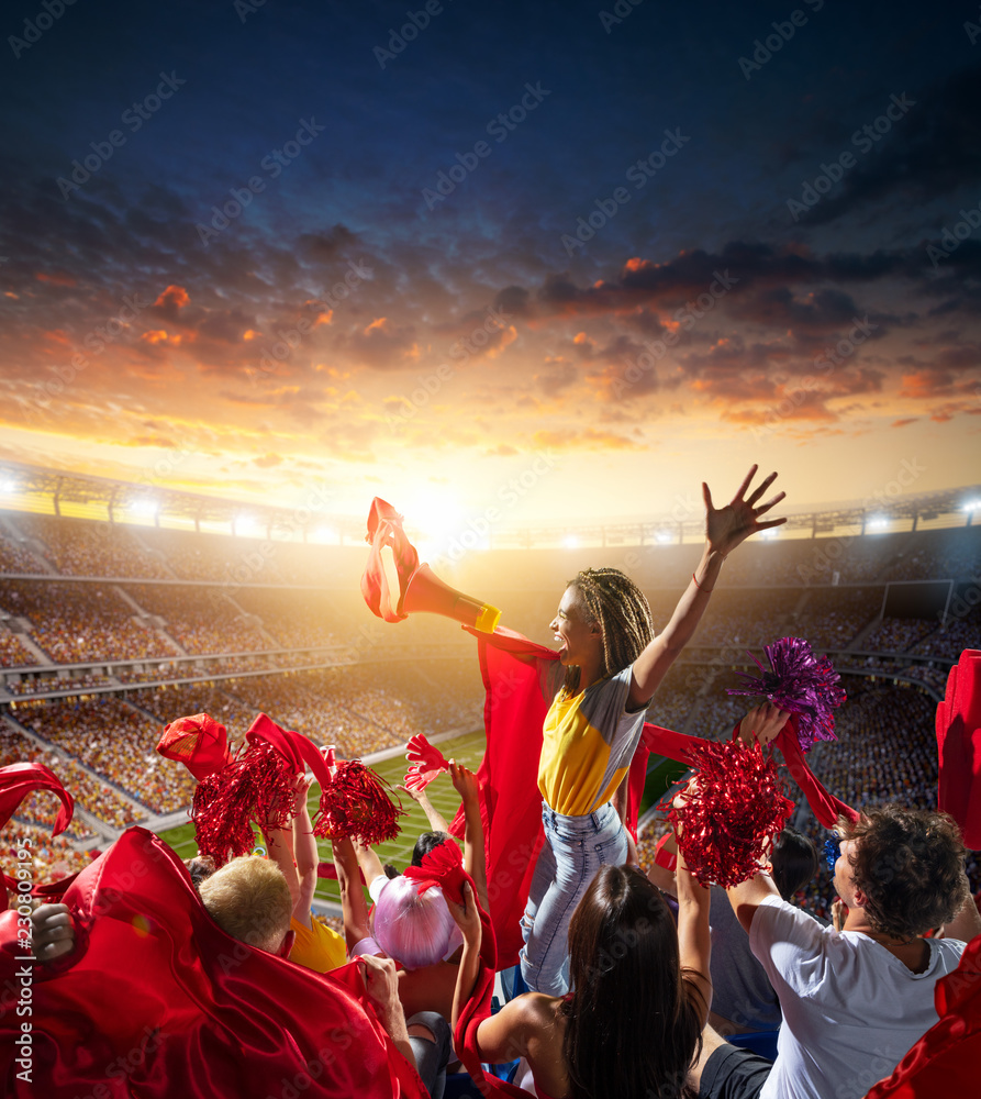 Young sport supporter happy fans at stadium. Beautiful black woman ...