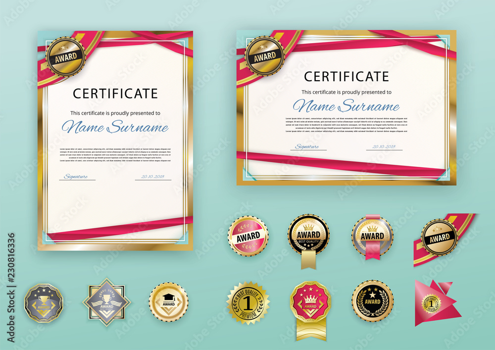 White modern certificates with abstract red ribbon and set of emblems ...