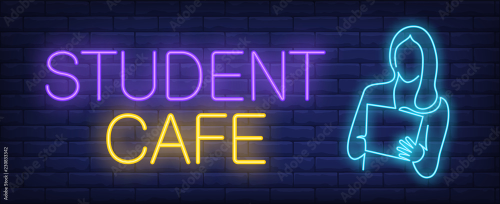 Student cafe neon sign. Glowing inscription with girl silhouette with ...