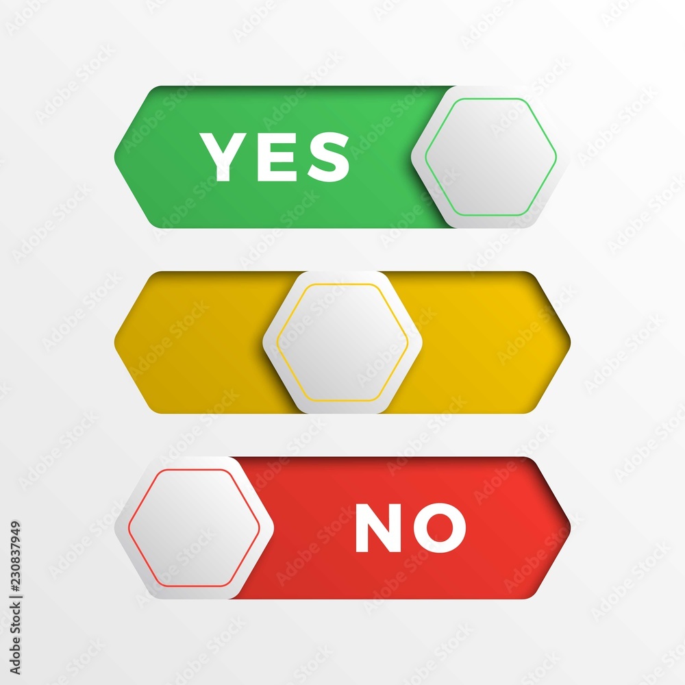 red, yellow, green hexagonal switch interface buttons. 3d realistic yes ...