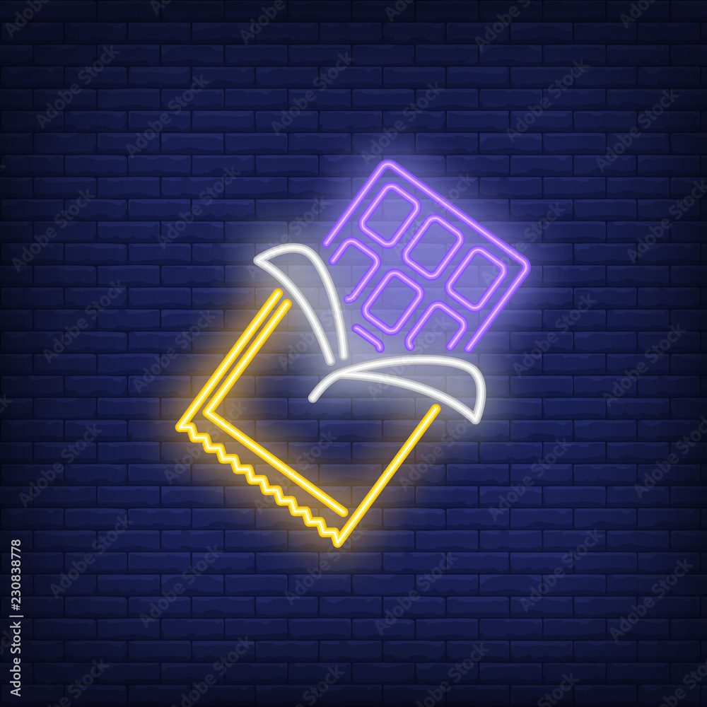Chocolate bar neon sign. Glowing illustration of chocolate bar on dark ...