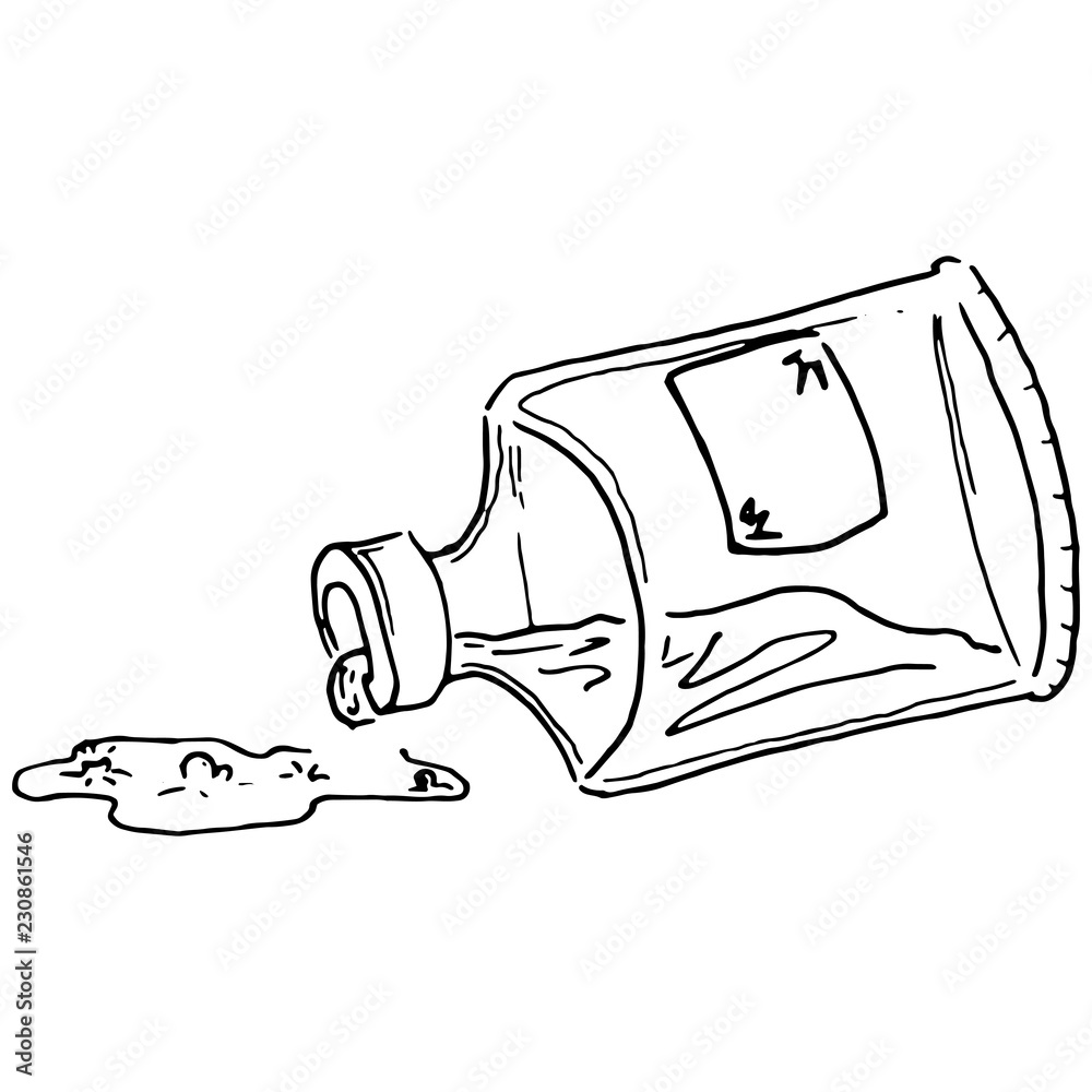 Medical vial with medicine. Inverted glass jar. Lliquid flows out of ...