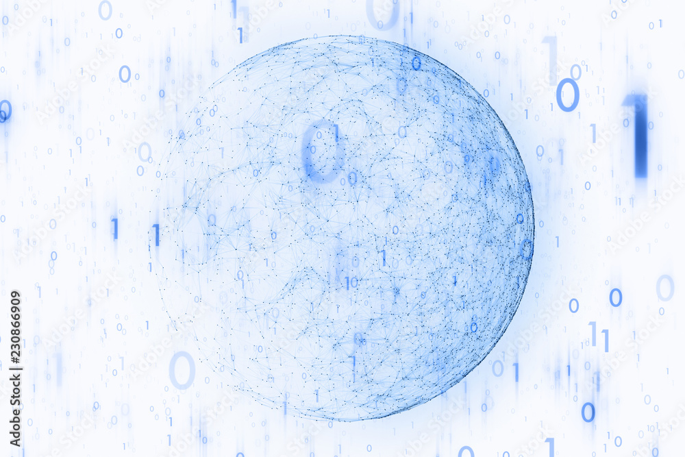 Computer network cyberspace sphere with binary numbers, lines and dots ...
