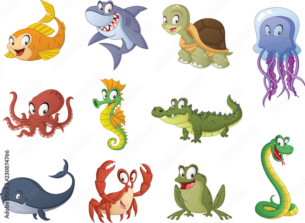 Group of cartoon fish, reptiles and amphibians. Vector illustration of ...