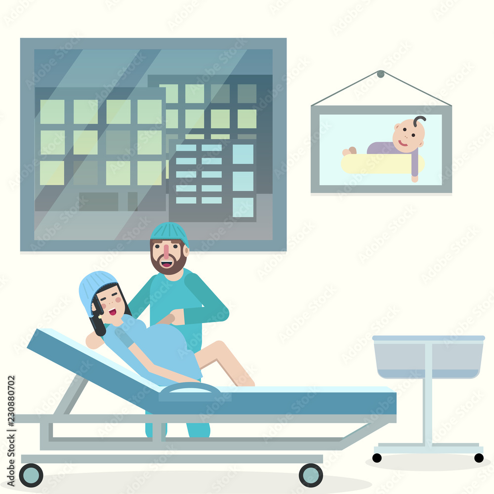 Birth partner. Happy family couple giving birth in a clinic. Color ...