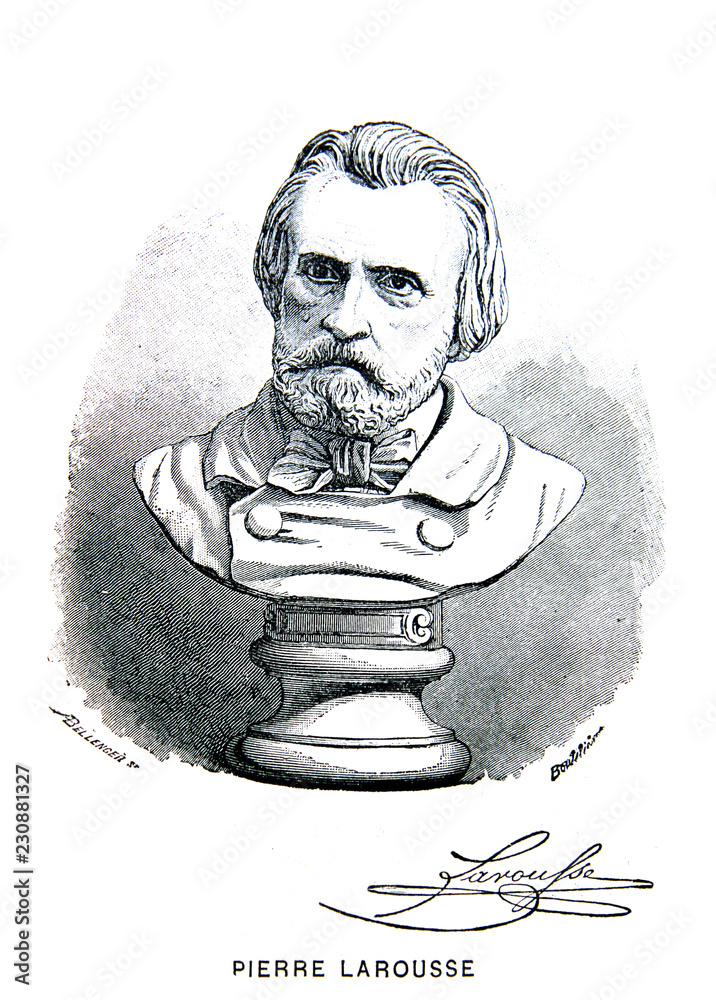 An engraved illustration of portrait of Pierre Larousse from a vintage ...